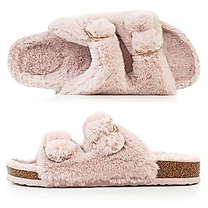 FITORY Womens Open Toe Slipper with Cozy Lining,Faux Rabbit Fur Cork Slide Sandals Pink Size 8