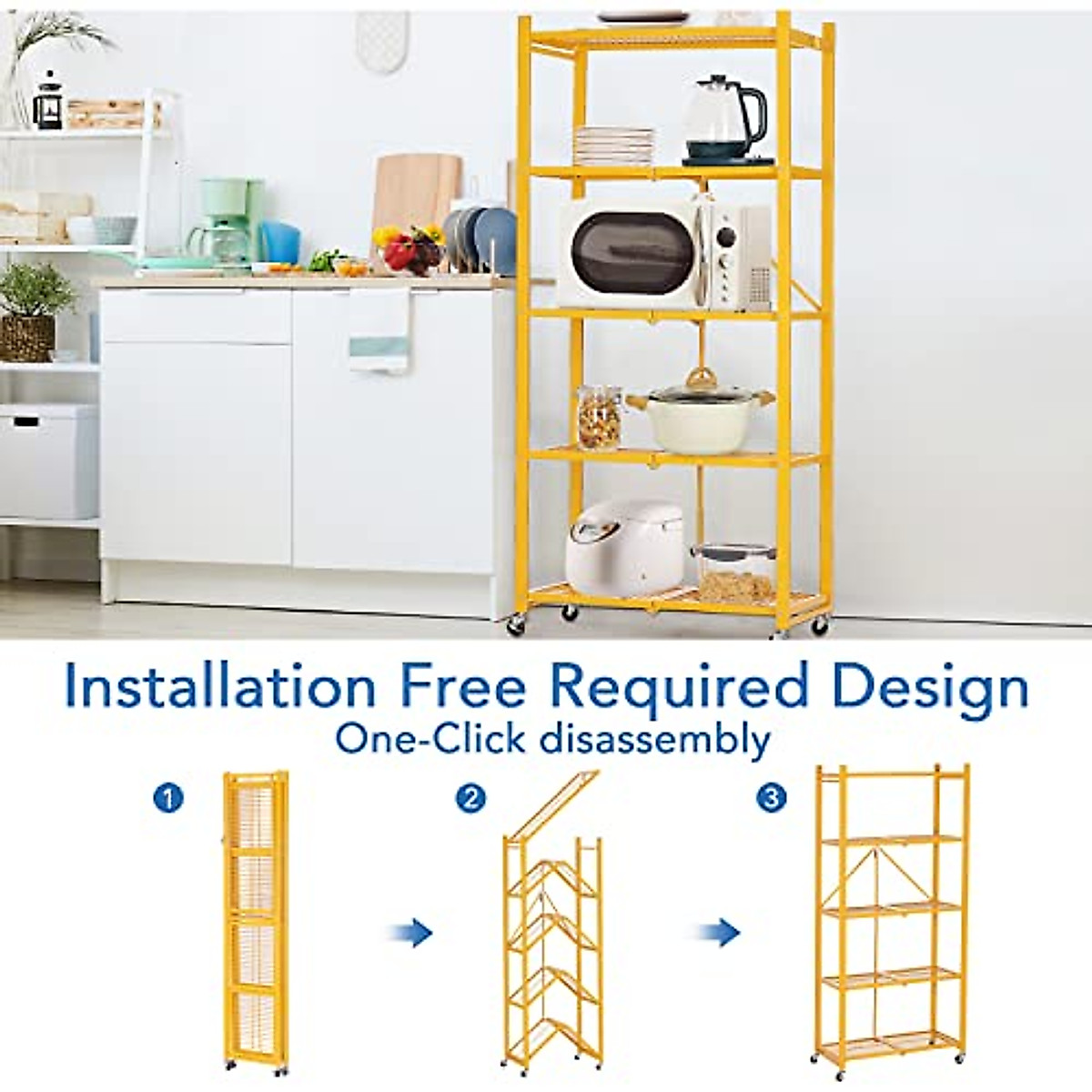 ShanSon Storage Shelves with Wheels 5 Tier Heavy Duty Foldable Metal Rack Storage Shelving Units for Garage Kitchen，Yellow