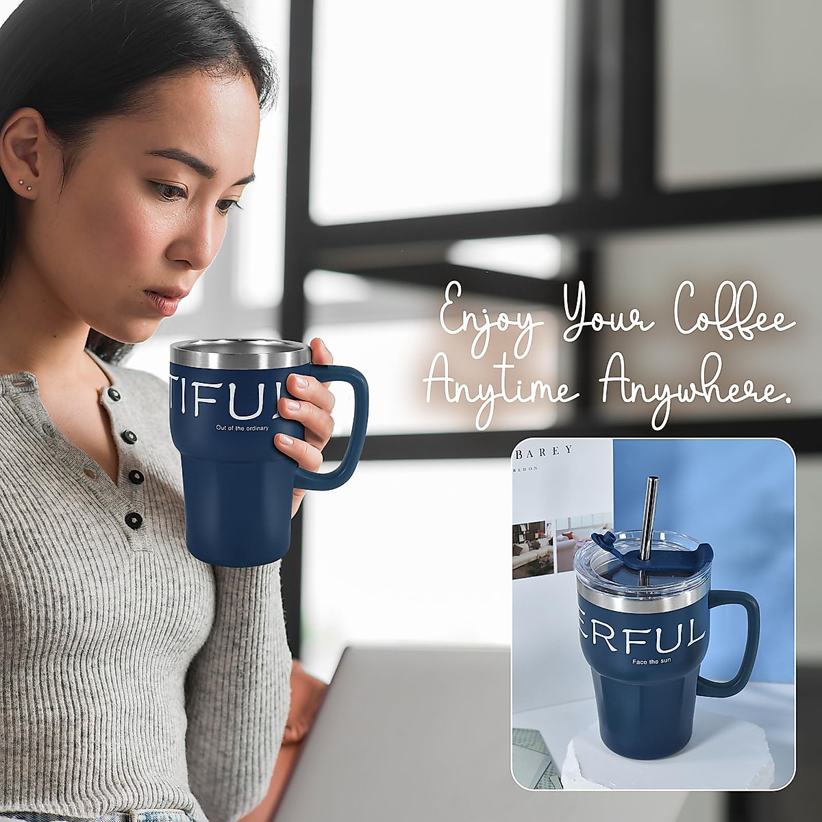 21 oz Insulated Coffee Mug Tumbler with Handle, Stainless Steel Travel Mug Tumbler with Lid and Straw, Coffee Travel Mug Spill Proof with Lid for Keep Hot/Ice Coffee, Blue