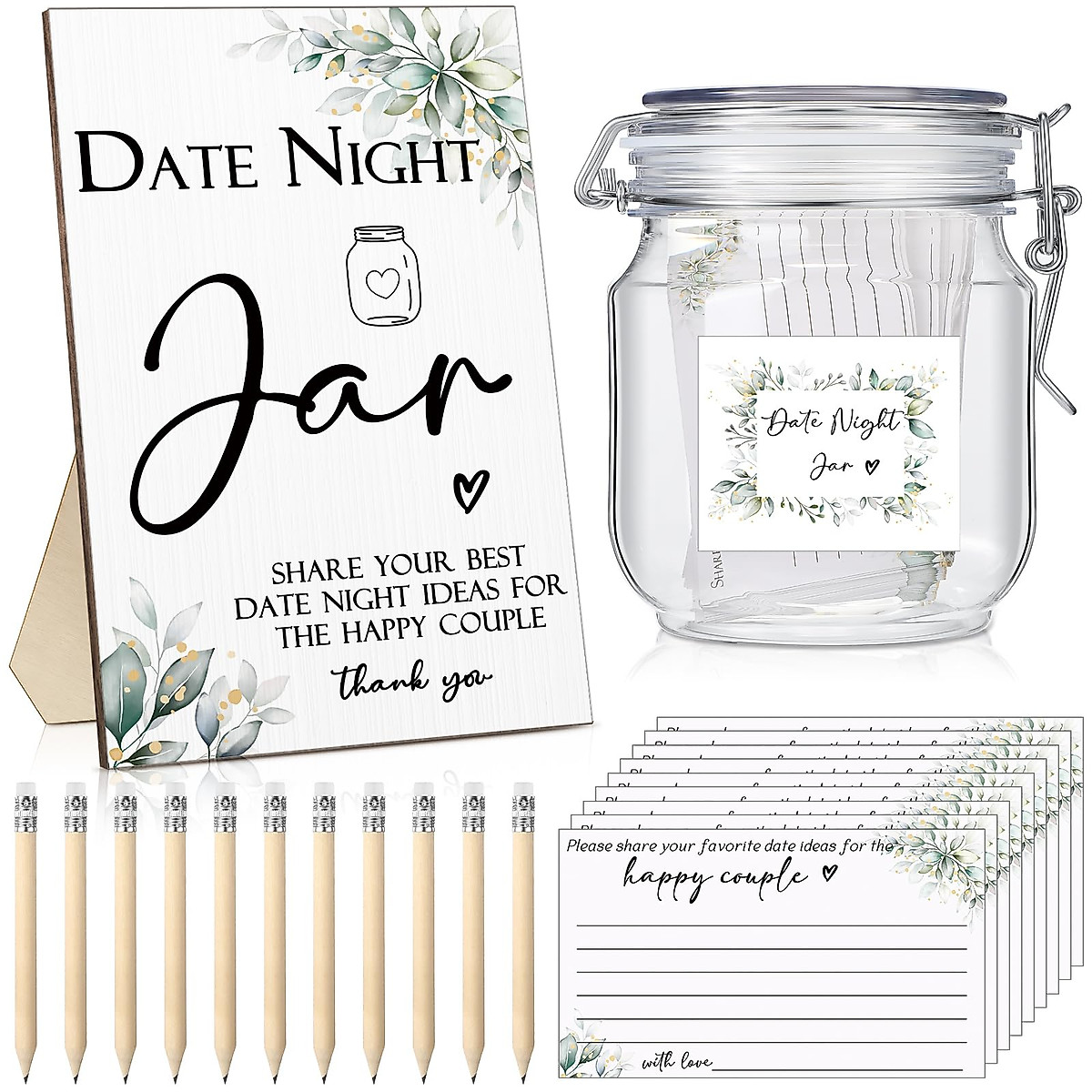 Geelin 114 Pcs Bridal Shower Games Include Date Night Jar Wooden Sign 100 Cards 10 HB Pencils 2 Stickers for Wedding Reception Games Date Idea Newlyweds Bridal Shower Party Favors(Greenery)