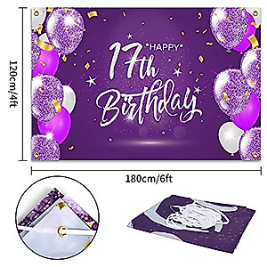 HAMIGAR 6x4ft Happy 17th Birthday Banner Backdrop - 17 Years Old Birthday Decorations Party Supplies for Girls - Purple