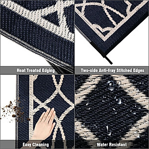 Pendolr Reversible Mats - Outdoor Rugs 9'x12' for Patios Clearance, Plastic Straw Rugs Waterproof, Portable, Outdoor RV Camping Rug, Garden, Balcony, Picnic, Beach, Camping(Black & Beige)