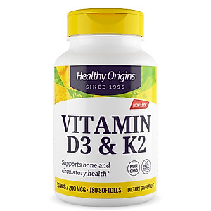 Healthy Origins Vitamin D3 & K2 - Vitamin D3, 50 mcg - Vitamin K2, 200 mcg - Easily Absorbable Vitamin D & Vitamin K Supplements - Non-GMO & Gluten-Free Supplements - 180 Softgels