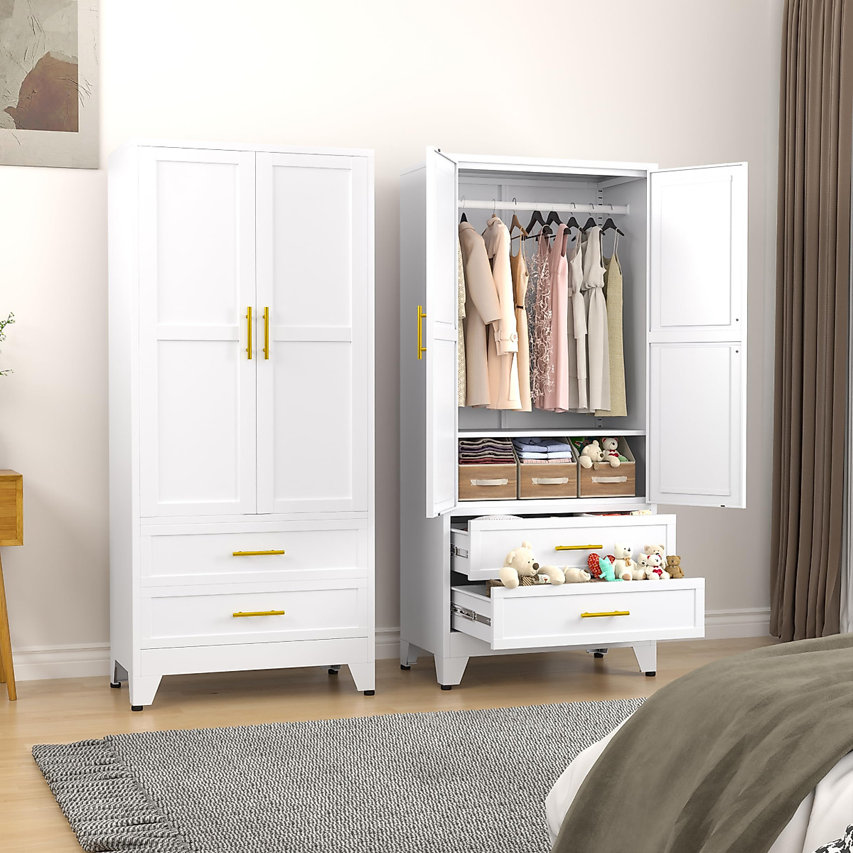 erosoei Metal Armoire Wardrobe Closet, 71 "Metal Clothing Storage Cabinet with Adjustable Shelves and Hanging Rod, Household Steel Wardrobe Storage Cabinet with Drawers (armoire-White)
