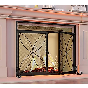 Fire Beauty Fireplace Screen with Magnetic Doors,Large Metal Fire Place Screen for Home,Spark Guard,Metal Furnace Fireguards,Baby Safe Spark Guard Protector,Black