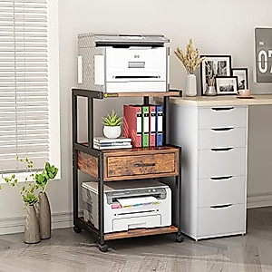 YQ FUNLIS 3-Tier Movable Printer Stand with Storage Home Office Printer Stand with Drawer Rolling Filing Cabinet Printer Cart for Kitchen,Retro