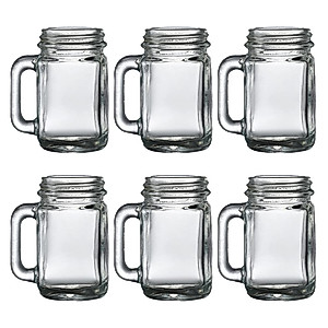 Cabilock Mini Glass Mason Jar Mason Jars Mugs with Glass Handles, 6pcs 40ml Drinking Glasses Old Fashioned Drink Glass for Beverages Wales Cocktails Beer Tea Party Favors Whiskey Glasses