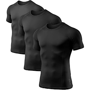 ATHLIO Men's Cool Dry Short Sleeve Compression Shirts, Sports Baselayer T-Shirts Tops, Athletic Workout Shirt, 3pack Tops Black/Black/Black, X-Large