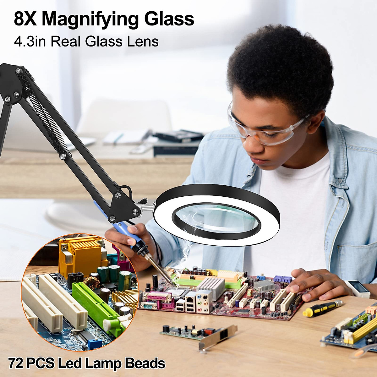 BRISON Magnifying Desk Lamp with Clamp, 3 Adjustable Light, 10 Brightness 8X Magnifier Lamps for Reading/Office/Soldering/Crafts, Swing Arms LED Desk Lamp with Sleep Timer Function