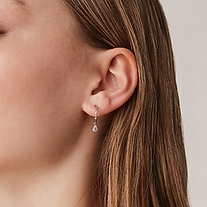 PAVOI Rhodium Plated 925 Sterling Silver Post Dangle Huggie Hoop Earrings For Women - Trendy Pear Shaped Cubic Zirconia Drop Open Hoop Earrings - Small Hinged Hammered Huggies