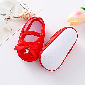 Lykmera Princess Walking Shoes for Baby Girl Pearl Sole Shoes Hanging Bow Sneaker Shoes Walking Shoes for Toddler Baby Girl (Red, 0-3Months)