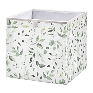 Kigai Green Leaves Cube Storage Bins - 11x11x11 in Large Foldable Cubes Organizer Storage Basket for Home Office, Nursery, Shelf, Closet