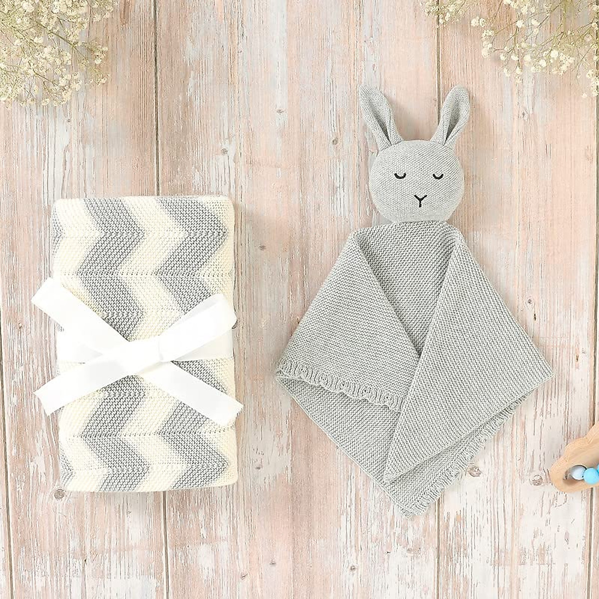 LAWKUL Baby Lovie Knit Newborn Babies Security Blankets Bunny Lovey Cuddly Comforter Safe Loveys for Infant Boy Girl Grey