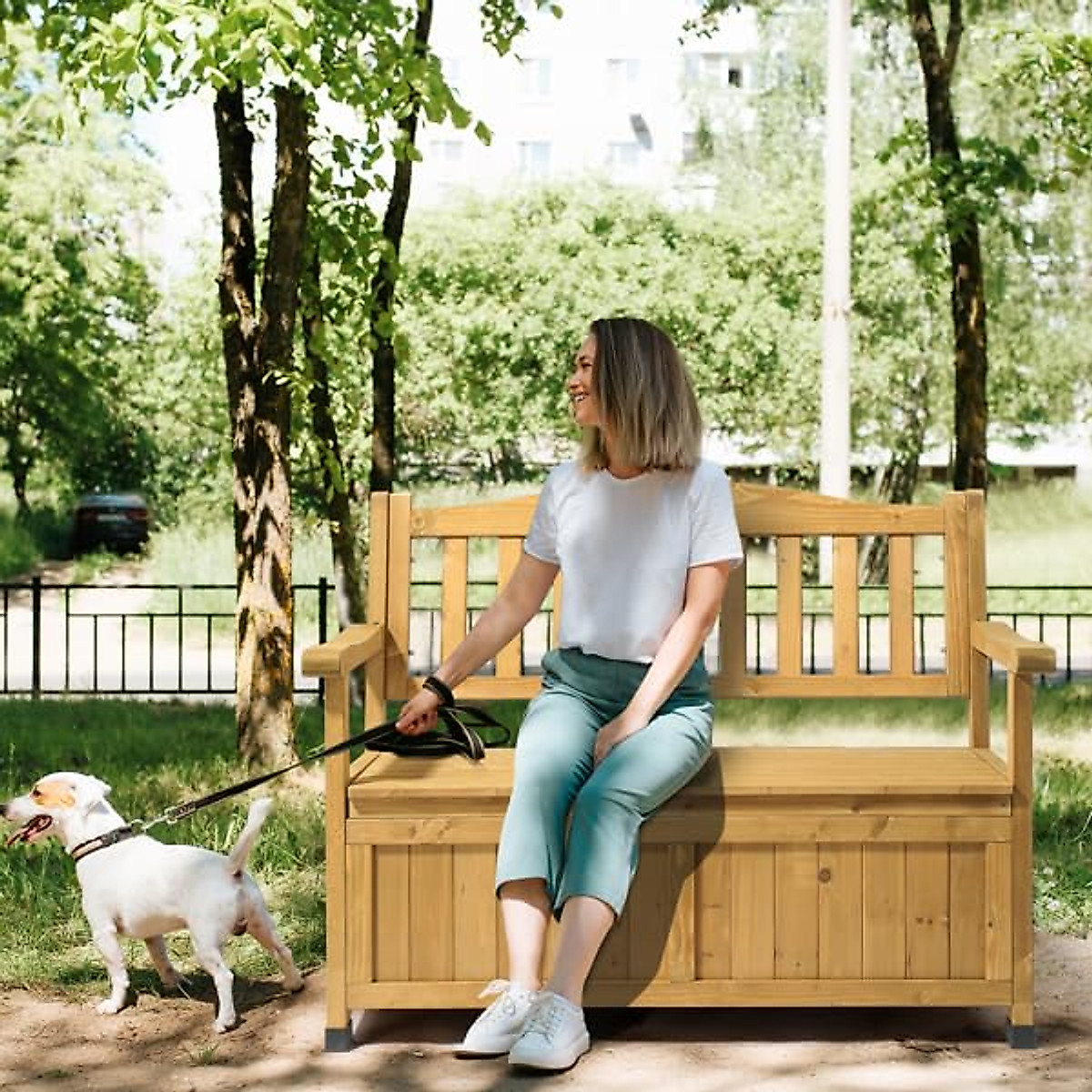 HMXD Cedar Wood Deck Box Bench, Storage Box With Backrest Armrest, All-Weather Yard Container Furniture for Tools, Toys, Outdoor Storage Bench Deck Box w/Seat for Backyard, Porch, Patio, Garden