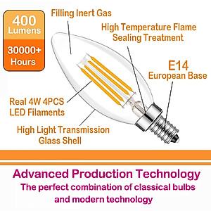 Lamsky E14 Base LED Filament Candle Shape Light Bulb,E14 European Base Bulb,Warm White 2700K 400LM 40W Equivalent,C35 Clear Glass Torpedo Shape Bullet Top,No-Dimmable (4-Pack)