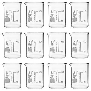 EISCO 12PK Beakers, 10ml - ASTM - Low Form with Spout - White Graduations - Borosilicate 3.3 Glass