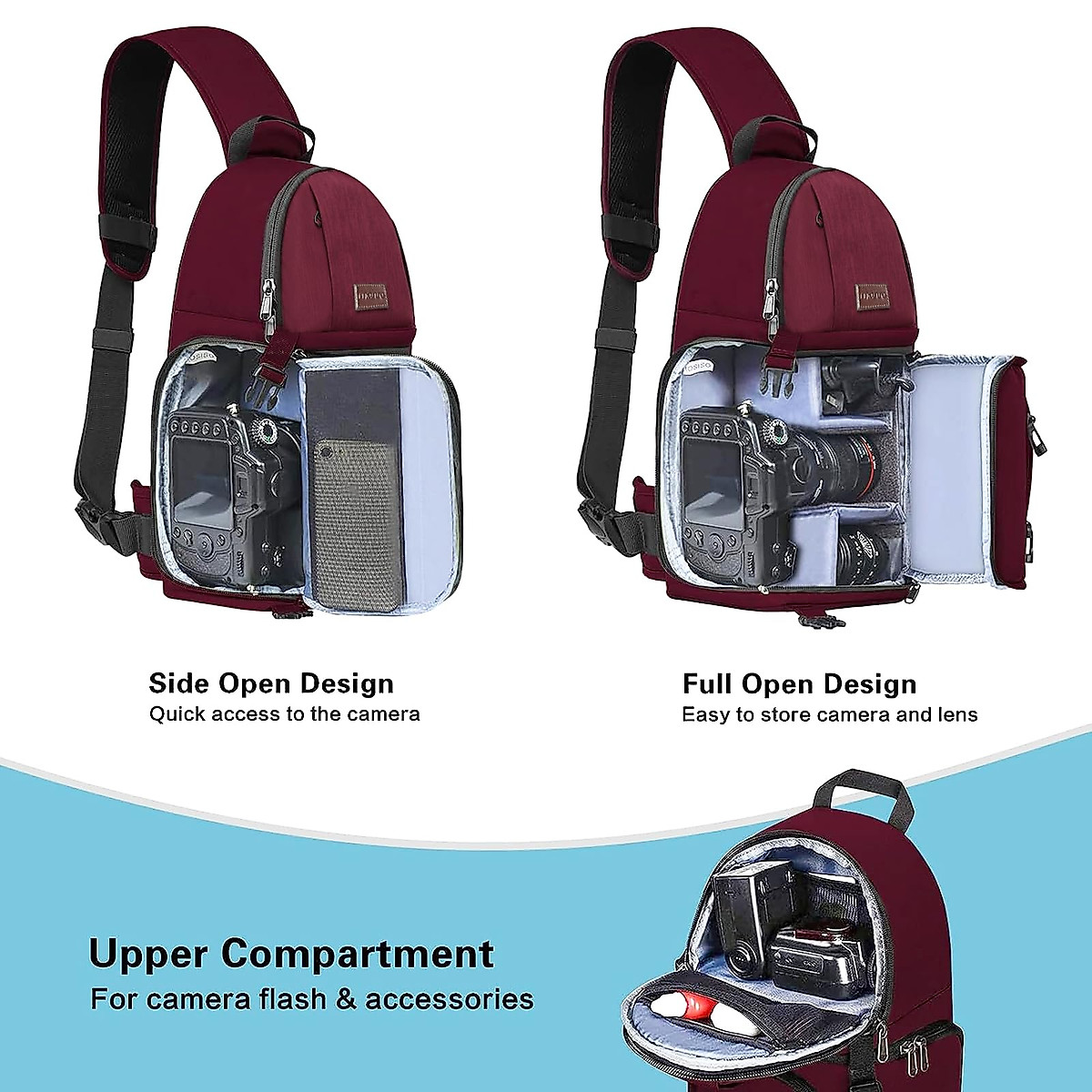 MOSISO Camera Sling Bag, DSLR/SLR/Mirrorless Camera Backpack Case Shockproof Photography Backpack with Tripod Holder & Removable Modular Inserts Compatible with Canon/Nikon/Sony/Fuji, Wine Red