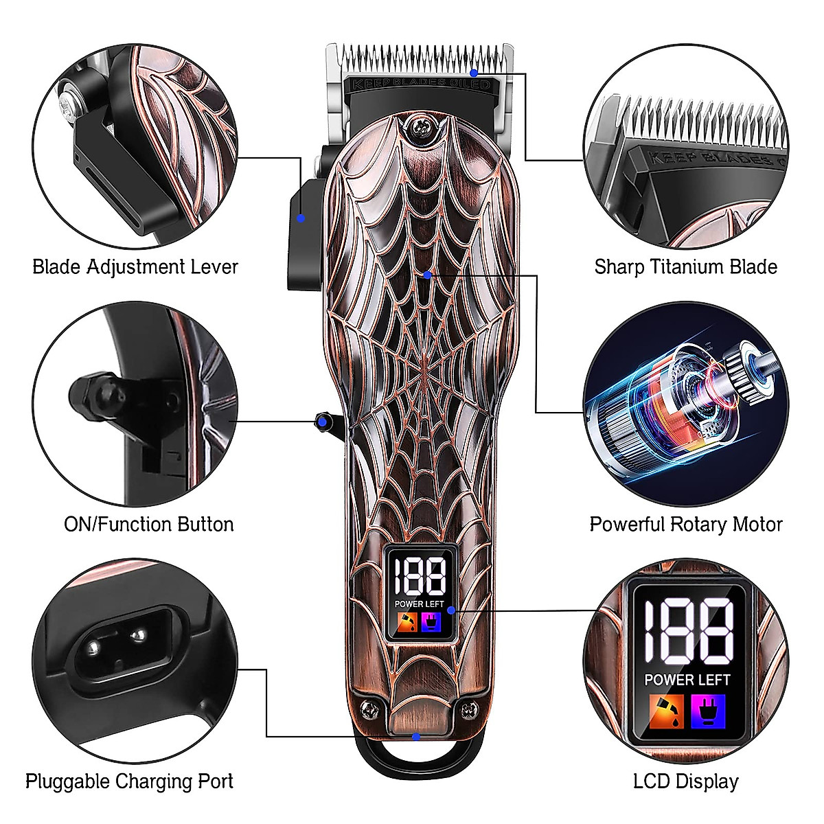 Hair Clippers Cordless Hair Trimmer for Men Barber Clippers with T-Blade Beard Trimmer 6 Guide Combs Fast-Charge, Haircut Machine for Barbers Family