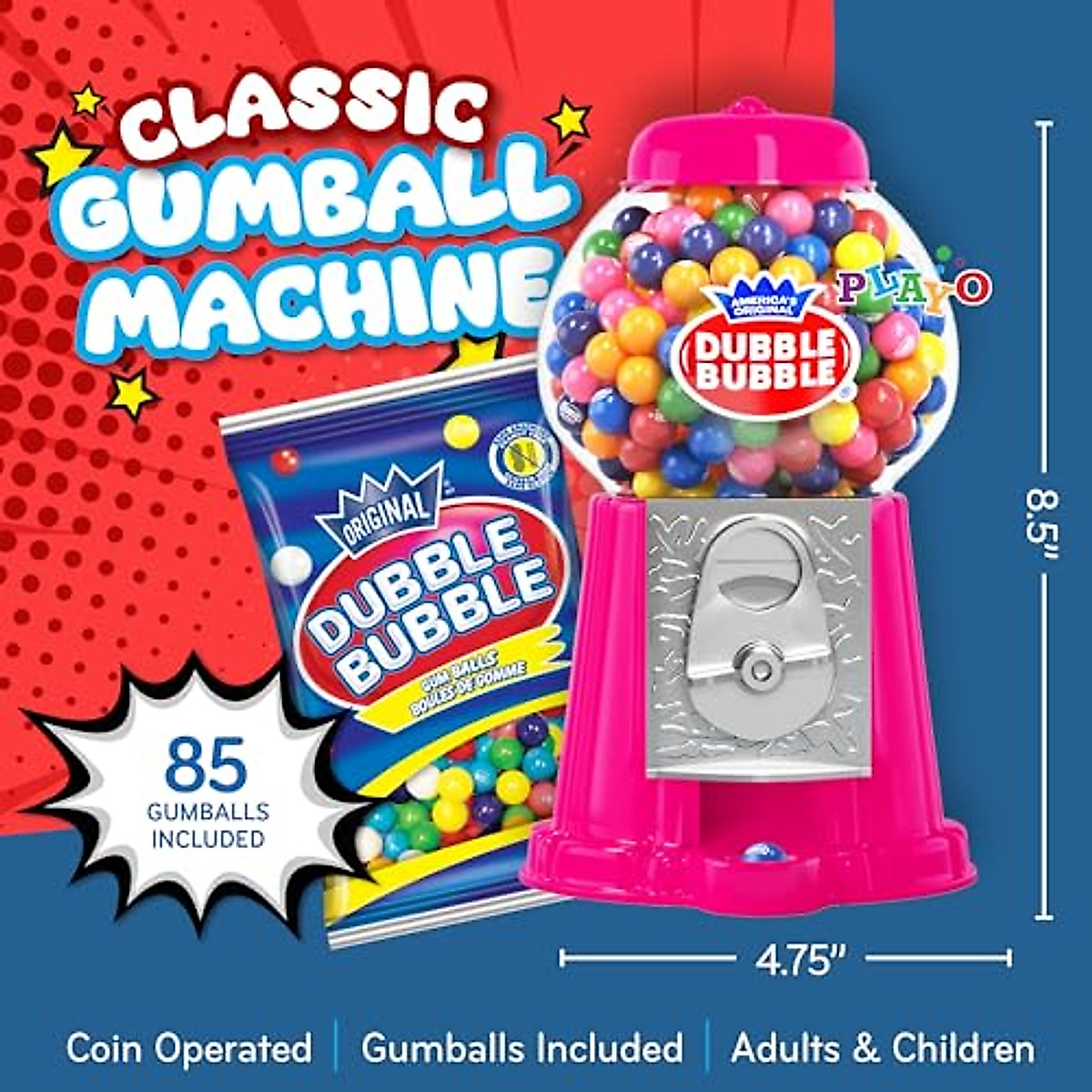8.5" Coin-Operated Gumball Machine Bank with 85 Gumballs - Pink Candy Dispenser Toy for Kids