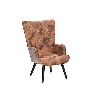 Brown Leather Accent Chairs Set of 2 for Living Room- Mid-Century Modern Comfy Reading Chair for Bedroom Adults Armchairs Sillones para Sala Sofa Tall Wingback Arm Chairs Microfiber Cushioned