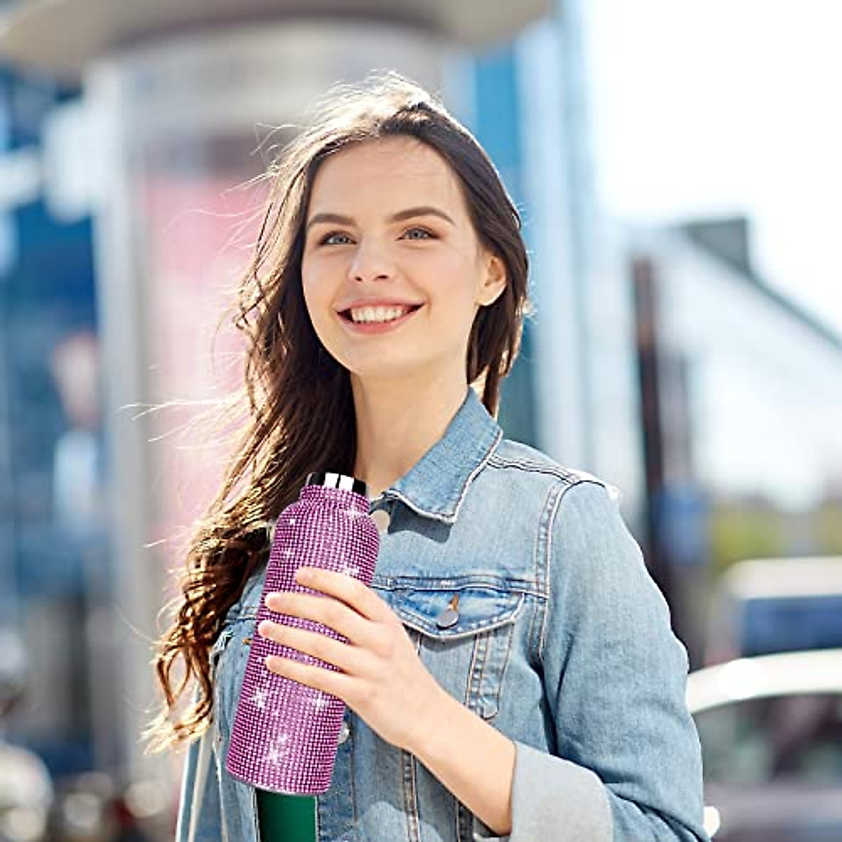 Diamond Water Bottle, Bling Diamond Vacuum Flask, Sparkling Diamond Water Bottle, High-Grade Stainless Steel Rhinestone Vacuum Flask, Leak-Proof Vacuum Flask With Chain (Pink, 750ML)