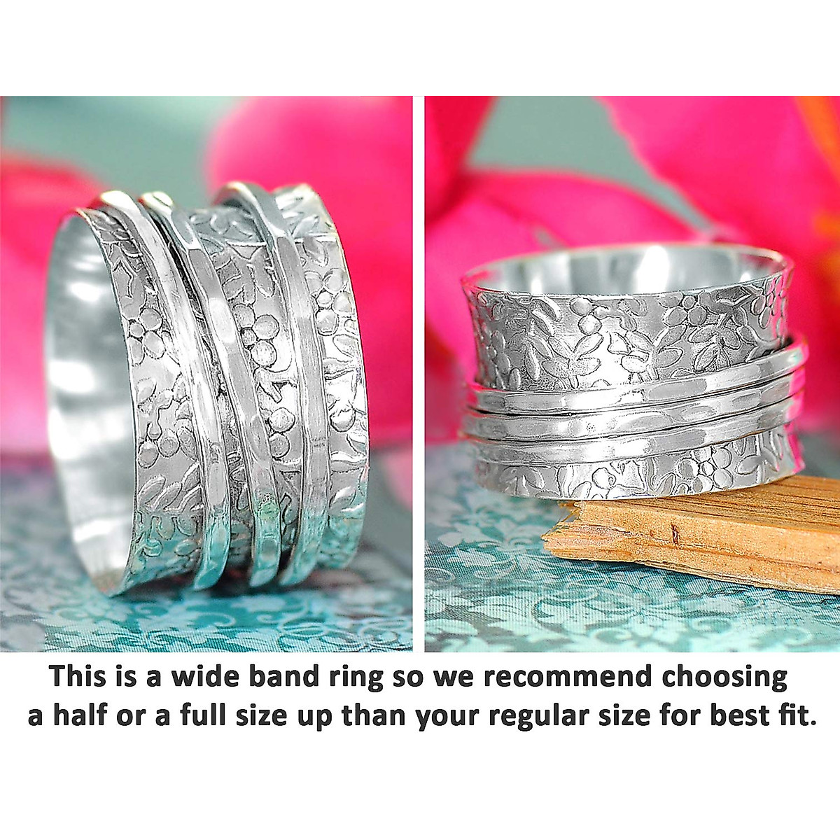 Boho-Magic 925 Sterling Silver Spinner Flowers Ring for Women Fidget Anxiety Relief Ring Band