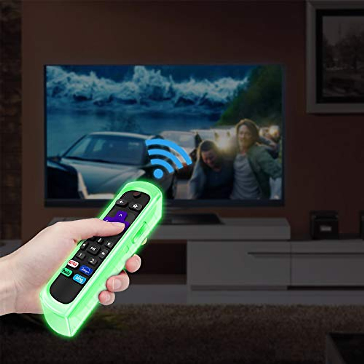 CaseBot Case for Roku Voice Remote Pro, Roku Ultra 4K (2022)/ 4800R (2020)/ 4670 (2019)/ 4661 (2018)/ 4660 (2017), Roku 1/2/3/4 Remote-Honey Comb Anti-Slip Shockproof Silicone Cover, Green Glow