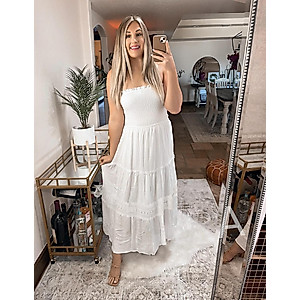 ZESICA Women's 2024 Summer Bohemian Strapless Off Shoulder Lace Trim Backless Flowy A Line Beach Long Maxi Dress,White,Small