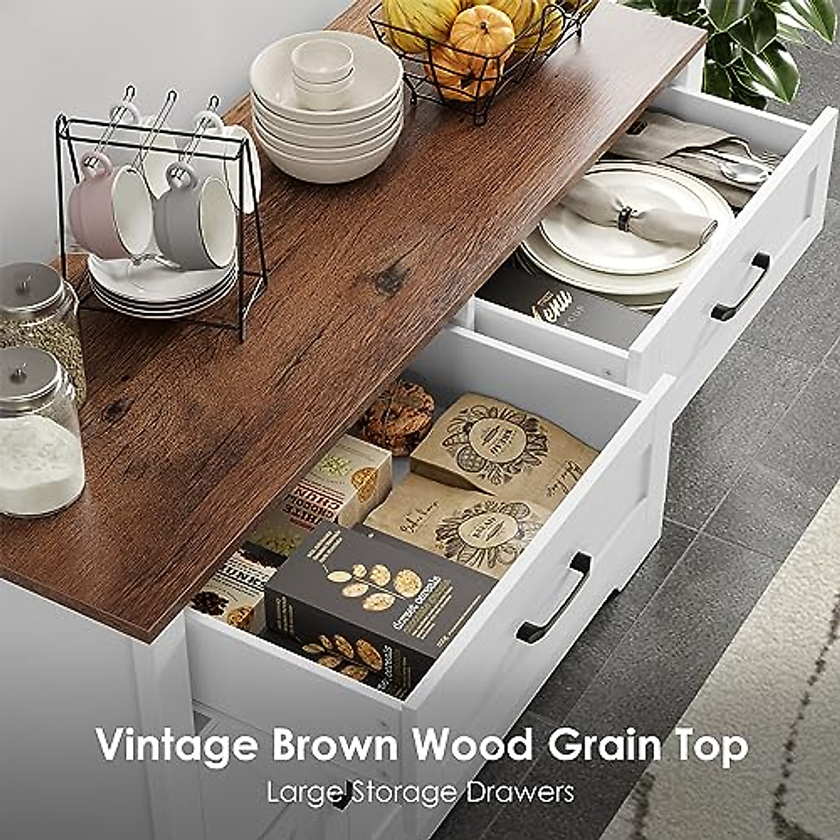 BOTLOG Farmhouse Buffet Cabinet with Storage, 47.2" Sideboard Storage Cabinet with Drawers Coffee Bar Cabinet for Kitchen, Dining Room, Hallway, White