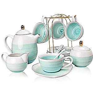 Sweejar Porcelain Tea Sets, 8 OZ Cups & Saucer Service for 4, Teapot Sugar Bowl Cream Pitcher Teaspoons and Tea Strainer for Adult Tea Coffee Afternoon Party(Blue)