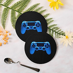 Video Game Joystick Gamepad in Blue Neon Lights Isolated on Black 4 Pcs Tea Wooden Round Coaster Set, Non-Slip Lightweight Wooden Coaster for Party Home Office Kitchen Bar Coffee Table