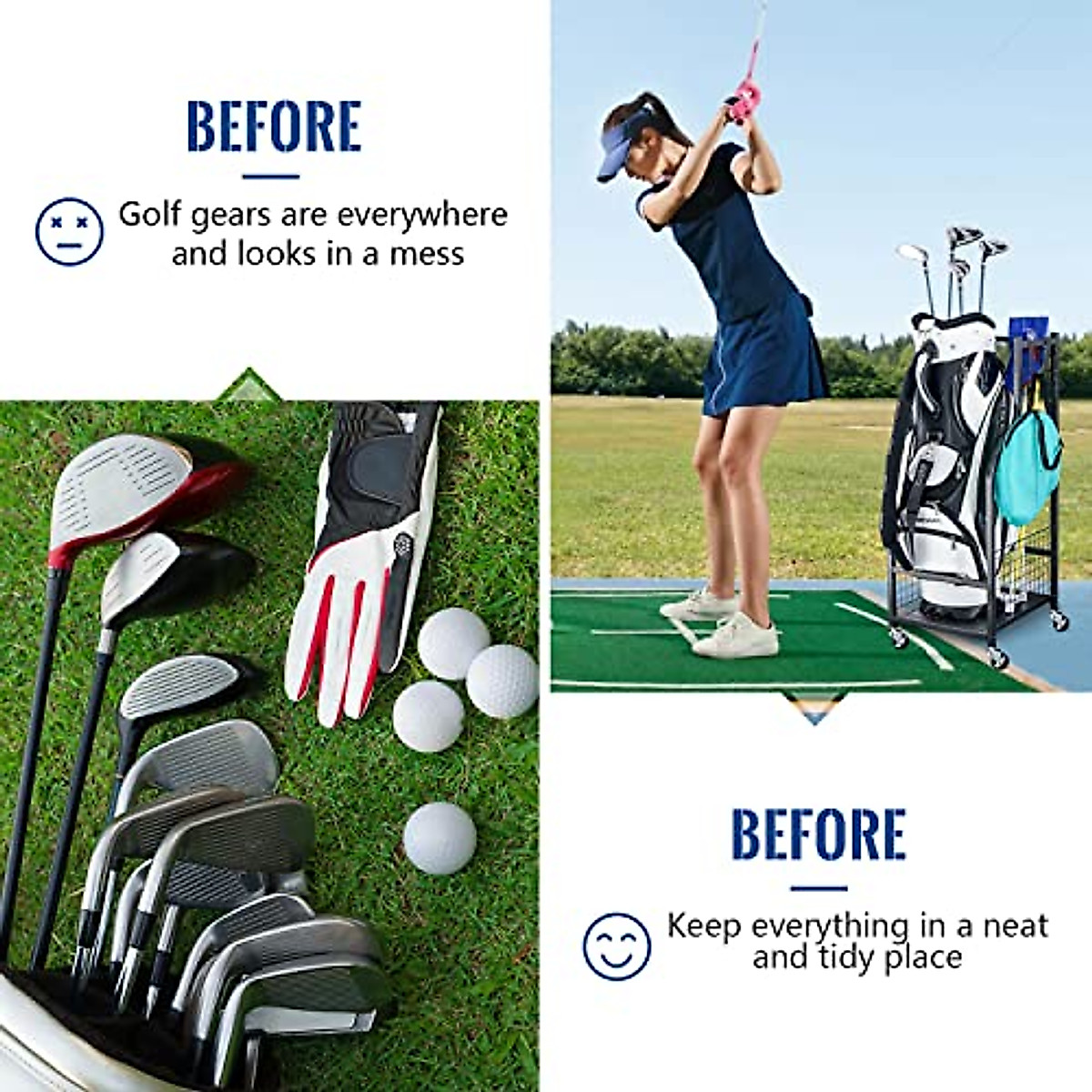 Mythinglogic Golf Bag Storage Organizer Rack-Golf Clubs Organization for Garage, Golf Bag Stand with Movable Hanging Hooks, Golf Equipment and Accessories Storage Racks for Garage,Shed,Basement