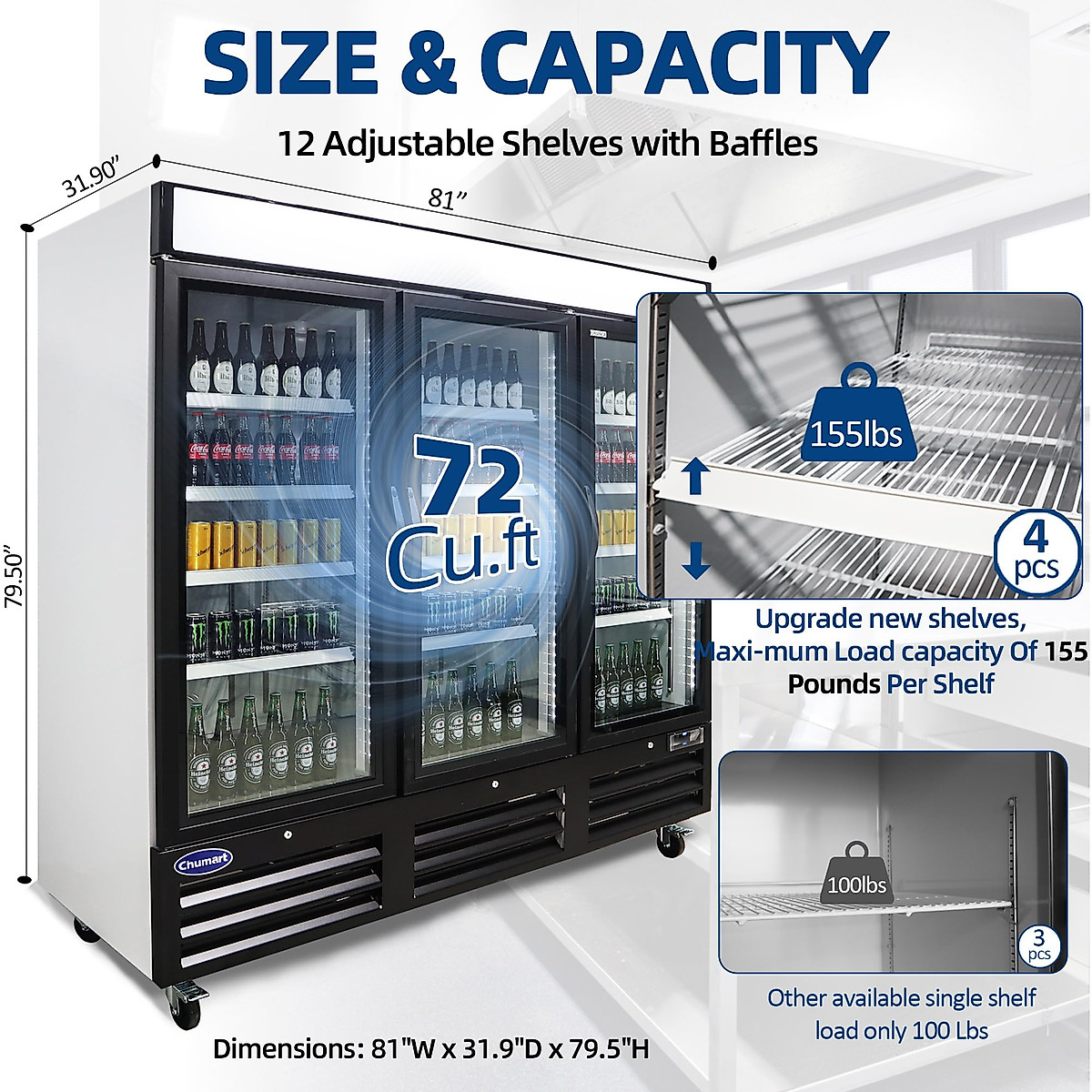 CHUMART 72 Cu. Ft Commercial Refrigerator, 81" Beverage Refrigerator with 3 Glass Door Commercial Merchandiser Refrigerator with LED Light, Display Drink Fridge for Shop, Bar