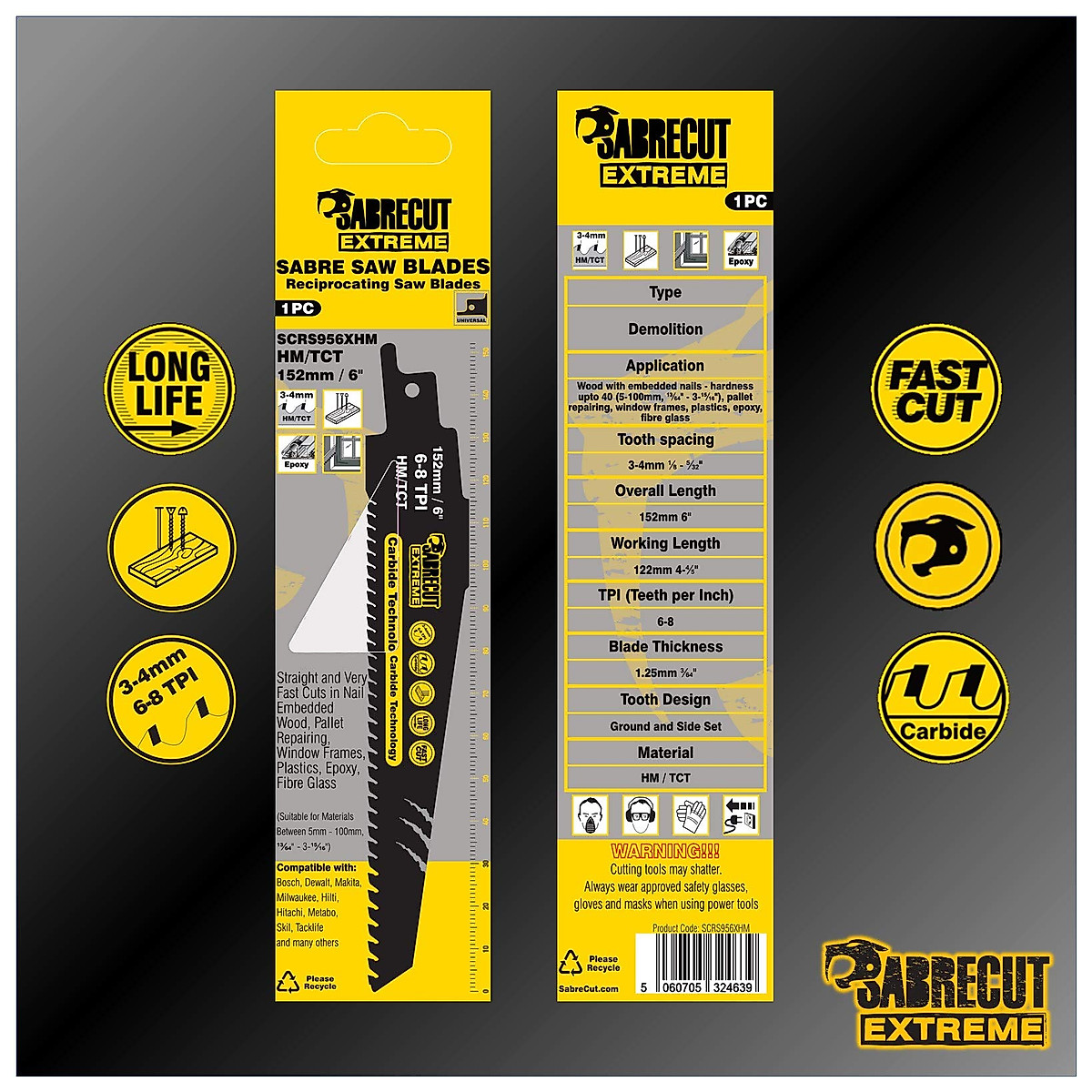 2 x SabreCut SCRS956XHM_2 Tungsten Carbide 5 63/64" (152mm) Variable 6-8 TPI S956XHM Very Fast Wood and Plastic Cutting Reciprocating Sabre Saw Blades Compatible with Bosch Dewalt Makita and Others