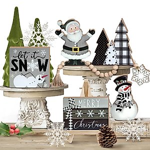 Uruney Merry Christmas Tiered Tray Decor, Grey Xmas Tree Santa Tray Decorations, Gray Snowman Snowflake Let It Snow Wooden Signs, Holiday Rustic Farmhouse Home Decor for Table Shelf Mantel Party