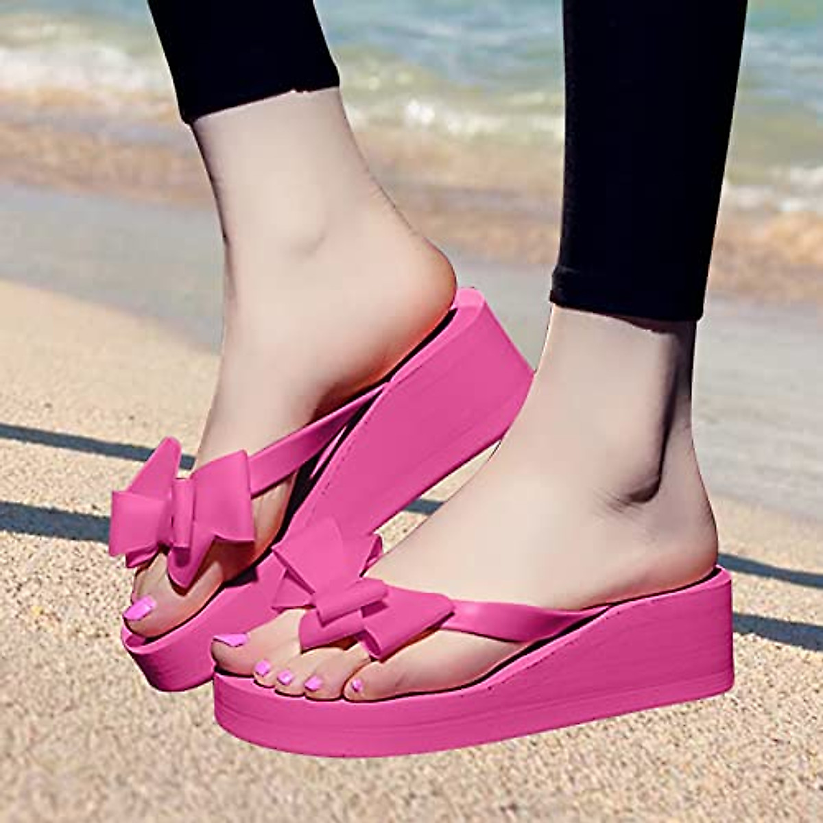 Hemlock Women Wedge Sandals Bowknot Flip Flops Clips Toe Thong Sandals Thick Platform Sandals Beach Shoes