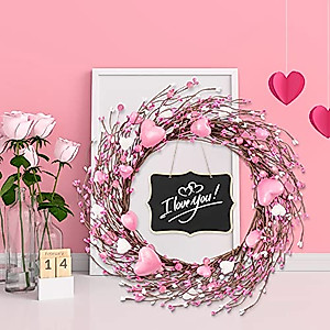 Artflower Pink Pip Berry Wreath Heart Shaped Artificial Decoration Rustic Twig Fake Garland Handmade Festival Gifts for Valentine's Day Wedding Garden Door Wall Hanging Home Indoor Office Decor