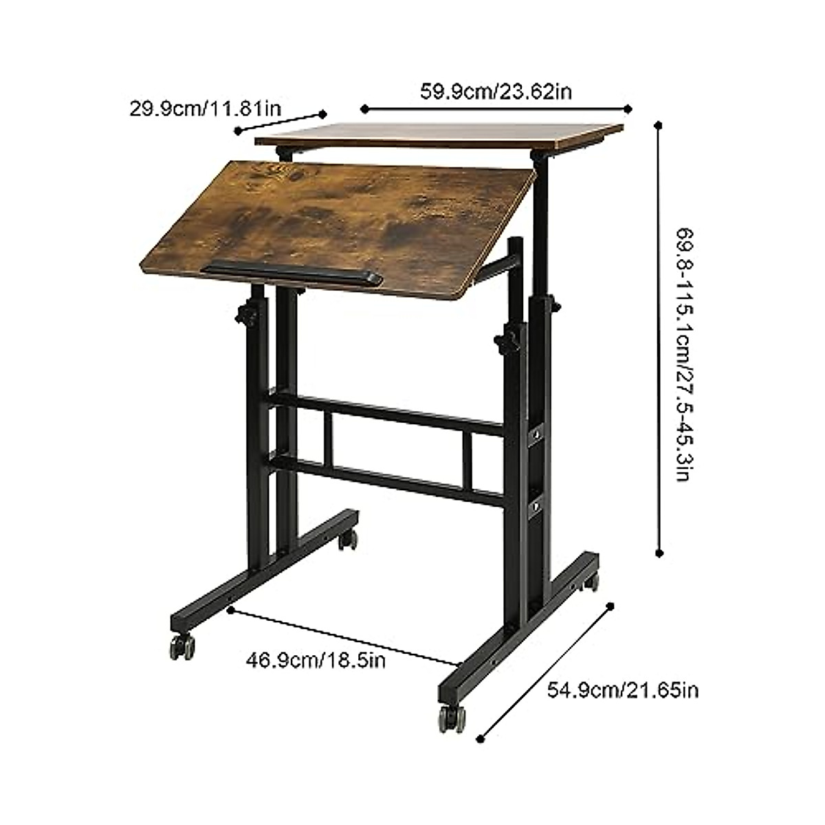 LOHISHILO Mobile Stand Up Desk Adjustable Laptop Desk with Wheels Storage Rolling Table Cart for Standing or Sitting, for Home Office Workstation, Iron-Brown, 27.5-45.3in