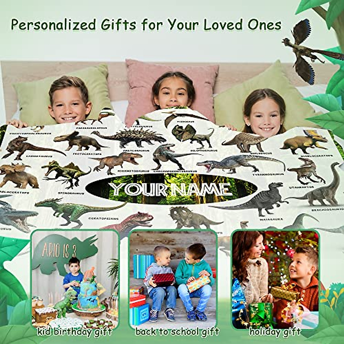 Personalized Dinosaur Blanket for Boys, Jurassic Dinosaurs Gifts Blankets for Kids, Custom Blanket with Name, Super Soft Dino Throw Blanket for Dinosaur Lover, Bed, Sofa, Birthday, Christmas-40x50in