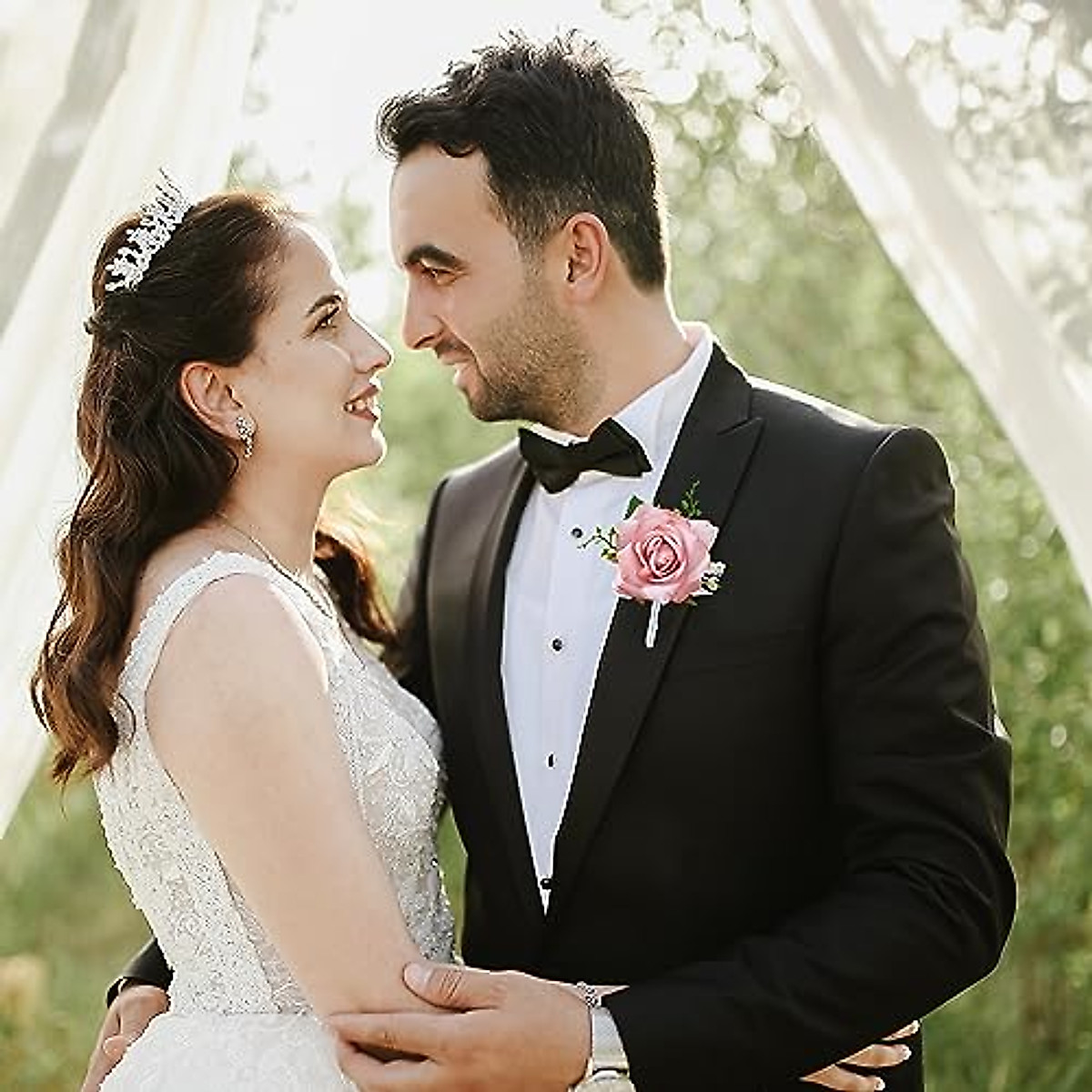 Helera Handmade Corsage and Boutonniere Set, Rose Wrist Corsage and Men Boutonniere for Wedding Party Prom Anniversary Homecoming Decorations (Pink)