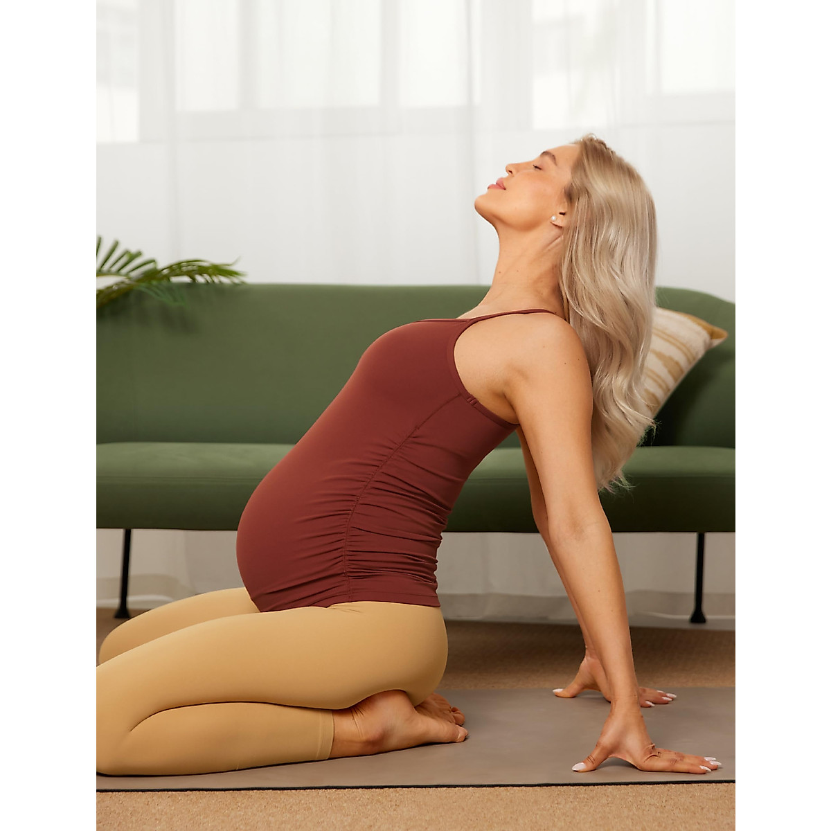 CRZ YOGA Butterluxe Y Back Maternity Tank Tops for Women Ruched Pregnancy Basic Camisole Sleeveless Athletic Yoga Shirts Jujube Brown Large