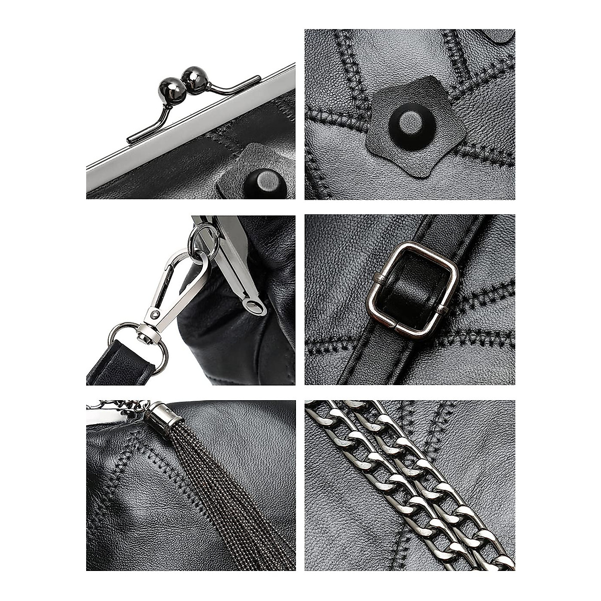 SMALLBLUER Women Rivet Purses Satchel Kiss-lock Vintage Chain Shoulder Bag Clutch Wallet Handbag with Tassel Pendant-Black