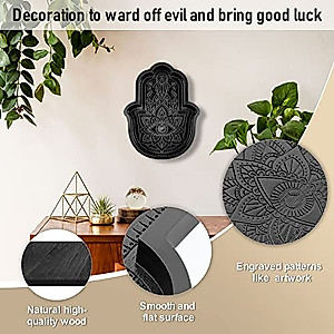 Mooncraftlogy Hamsa Crystal Tray, Wood Evil Eye Crystal Holder for Stones Display, Exquisite Engraving Crystal Organizer for Rocks, Keys, Jewelry, Essential Oil Storage, Black Meditation Zen Tray