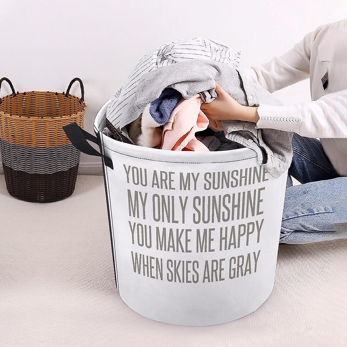 You Are My Sunshine Vintage Laundry Basket Large Round Canvas Laundry Hamper with Handles Foldable Storage Bin for Dirty Clothes Hamper Bedroom Bathroom