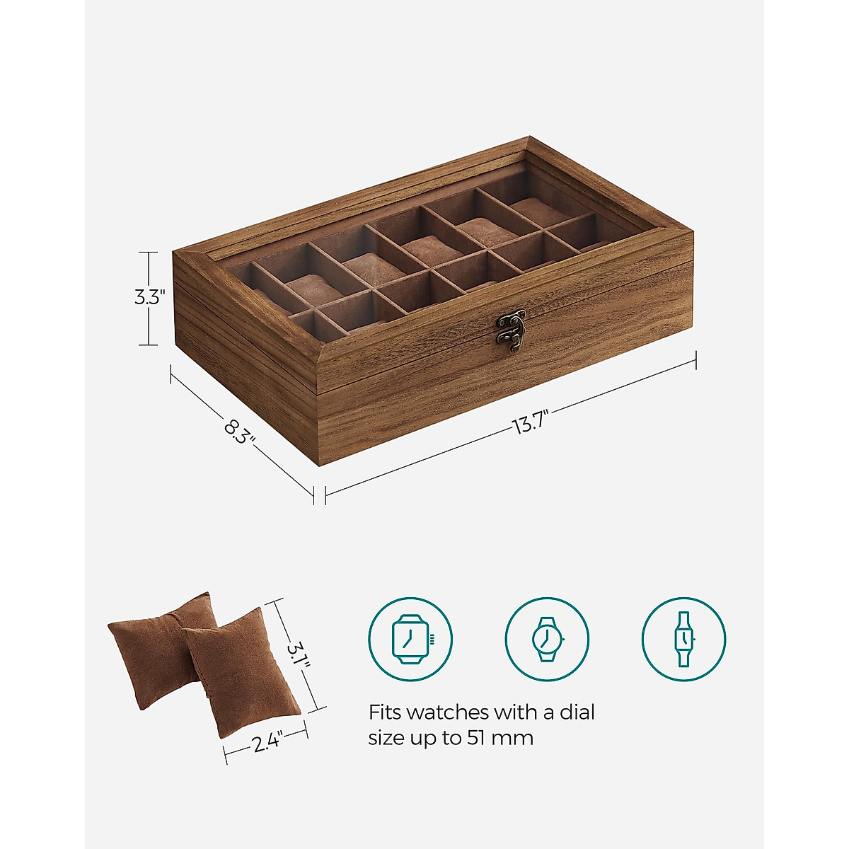 SONGMICS Watch Box, 12-Slot Watch Case, Solid Wood Watch Box Organizer with Glass Lid, Watch Display Case with Removable Pillows, Gift for Loved Ones, Rustic Walnut UJOW120K01