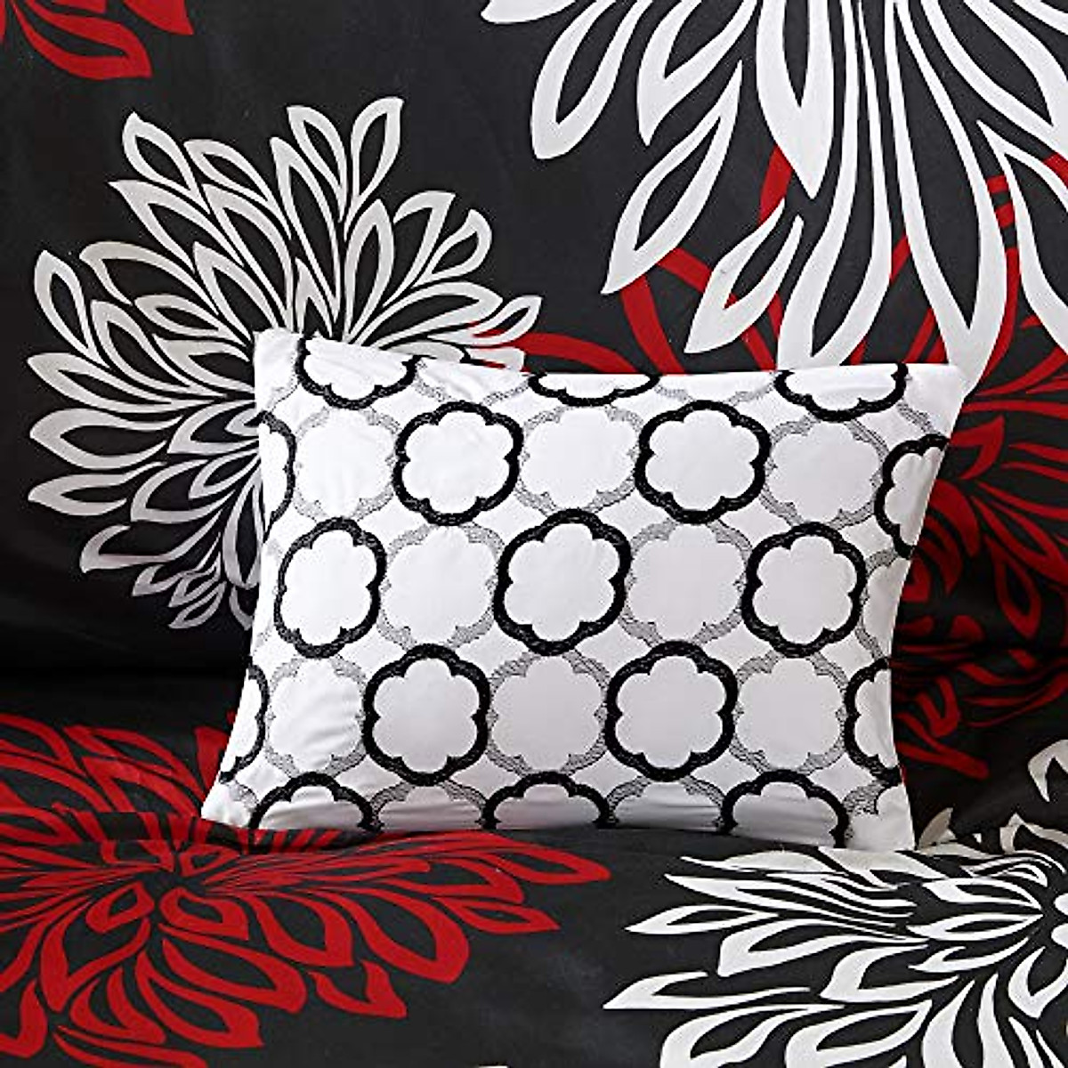 Comfort Spaces Enya Comforter Set-Modern Floral Design All Season Down Alternative Bedding, Matching Shams, Bedskirt, Decorative Pillows, Queen(90"x90"), Red/Black