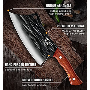 ENOKING Meat Cleaver Hand Forged Chef Knife High Carbon Steel Kitchen Butcher Knife with Full Tang Handle Leather Sheath Chopping Knife for Kitchen, Camping, BBQ (6.3 IN)