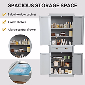 LOUVIXA 72" Kitchen Pantry Storage Cabinet, Freestanding Cupboard with 2 Cabinets, Drawer and Adjustable Shelves, Tall Storage Cabinet for Kitchen, Dinning Room, Living Room, Grey