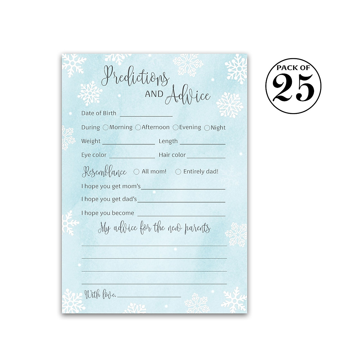 SNOWFLAKES Prediction and Advice Cards - Pack of 25 - WINTER Wonderland BLUE Boy Baby Shower Game, Wishes for Mommy & Daddy Message Baby It’s Cold Outside Activity Keepsake Frost Holiday G781-PDAV