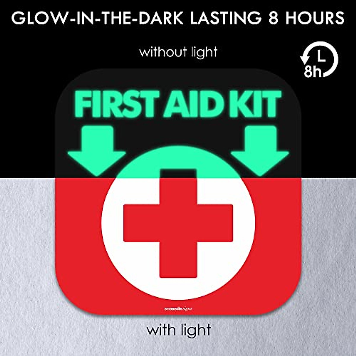 First Aid Kit Sign Glow in The Dark 4 Pack 6"x 6"First Aid Kit Inside Signs Stickers Photoluminescent, Glows for Up to 8 Hours
